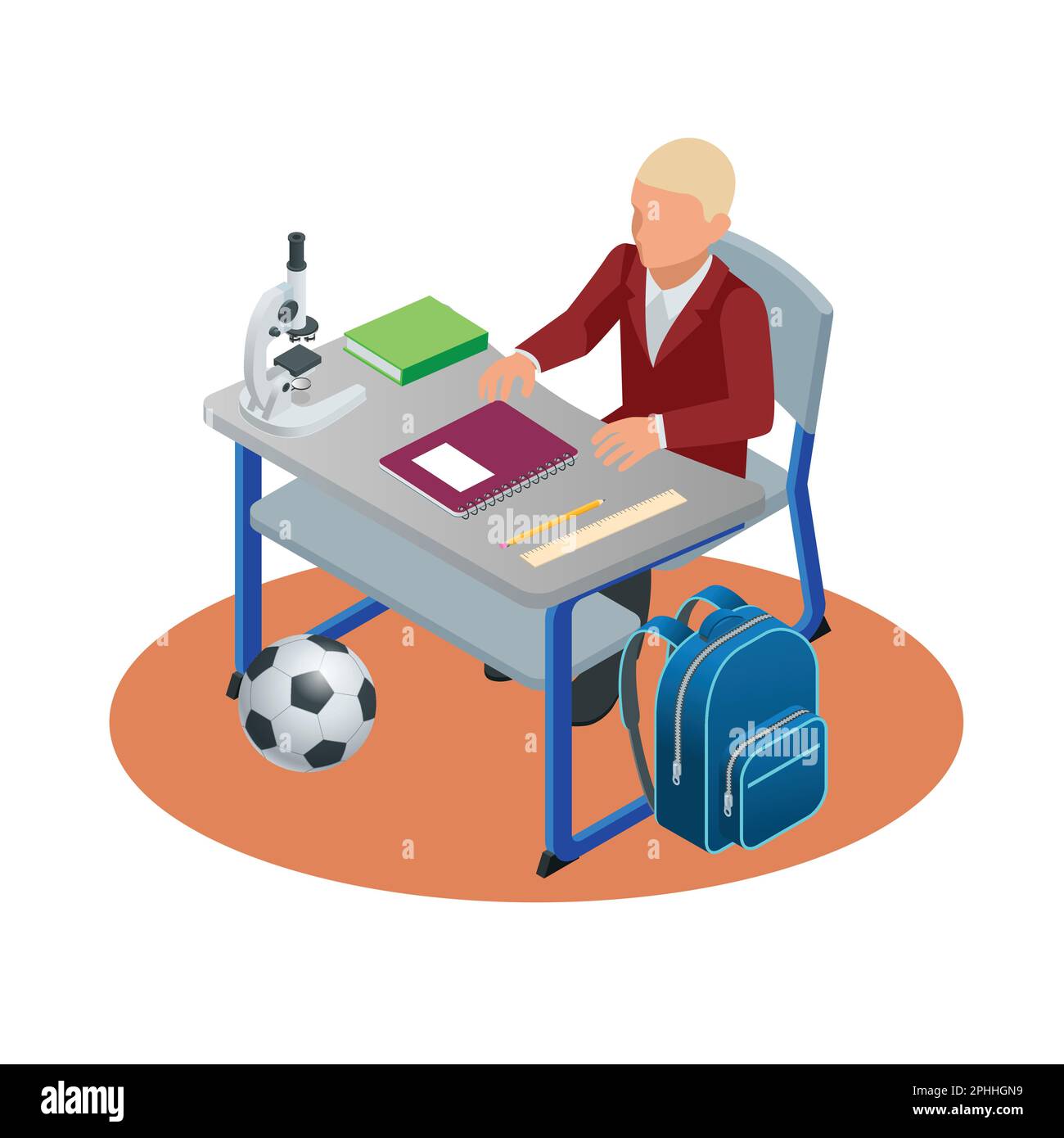 Isometric education concept. Boy makes a homework, sitting and writting ...