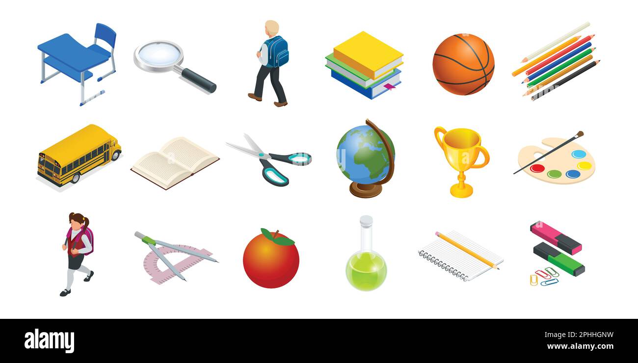 Isometric education icons set. Back to school, workplace, school kids ...