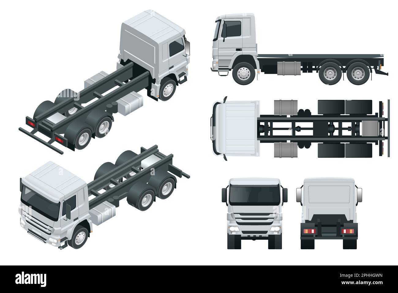 Truck tractor or semi-trailer truck. View front, rear, side, top and ...