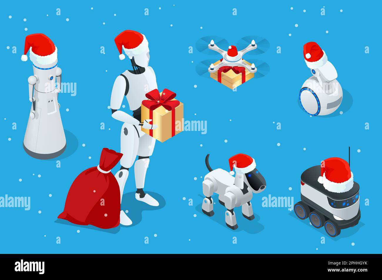 Isometric Christmas robot, Santa Drone Fast Delivery of goods in the ...