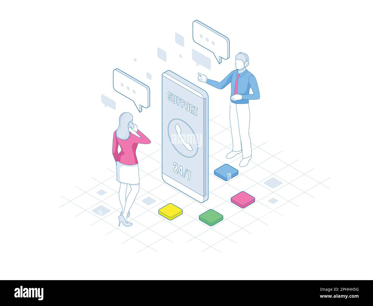 Isometric User Support Service or Call Center in outline. Customer ...