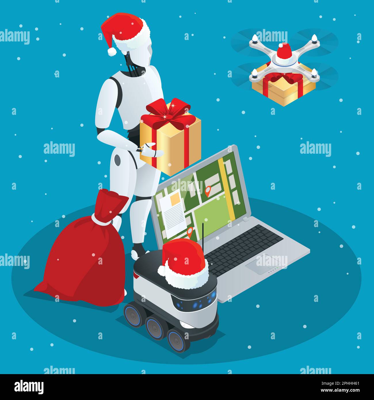 Isometric Christmas robot, Santa Drone Fast Delivery of goods in the ...