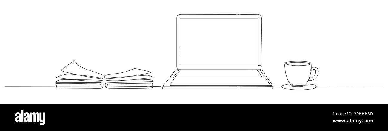 Continuous line drawing of laptop open book and coffee cup. Online ...