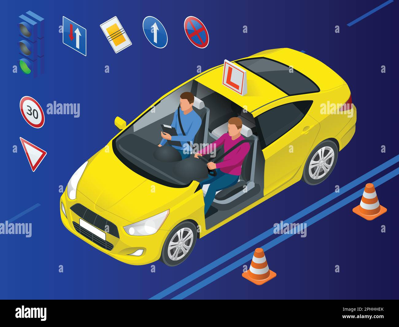Isometric driving school concept. Driving instructor and man student in ...