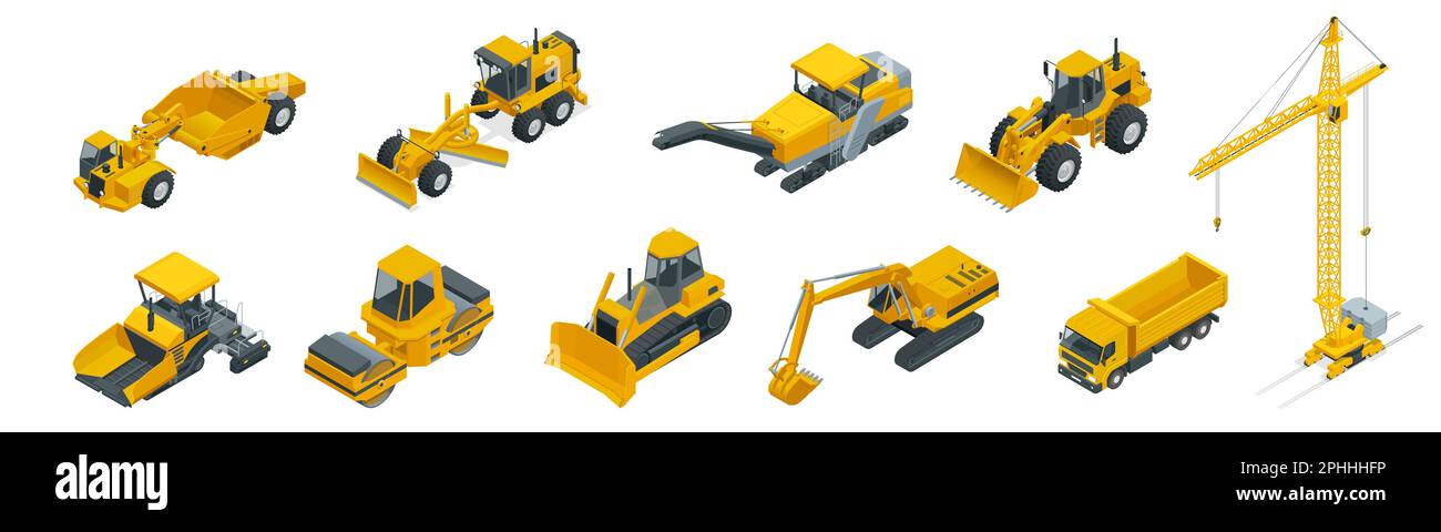 Isometric icons set of construction equipment and machinery with trucks ...