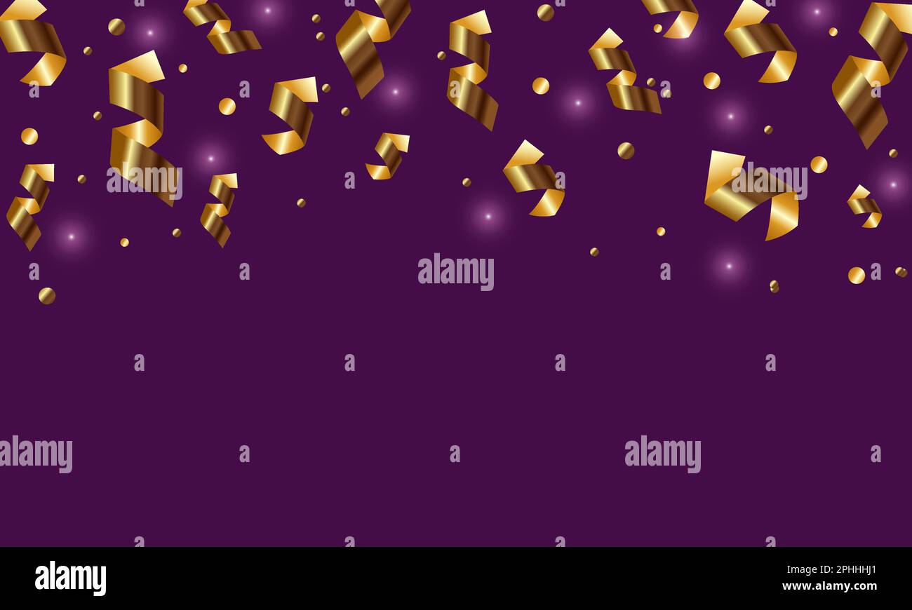 Falling shiny golden confetti isolated on violet background. Bright ...