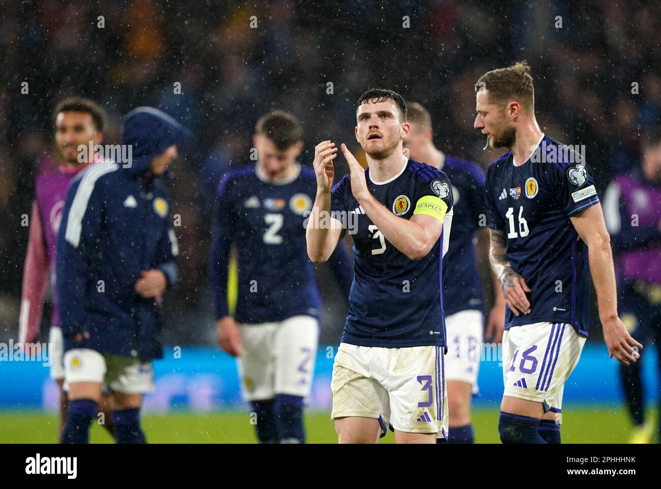 Scotland's Andrew Robertson applauds the fans following the UEFA Euro 2024 qualifying group A ...