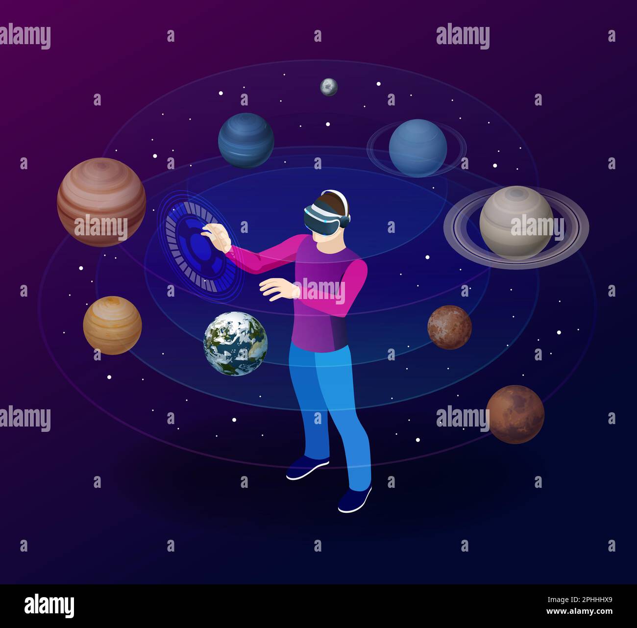 Isometric man in virtual reality glasses looks at the planets of the ...