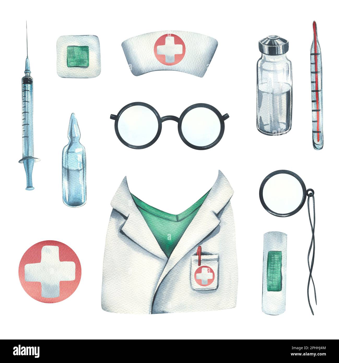 Medical kit with gown, doctor's cap, glasses, pince-nez, adhesive ...