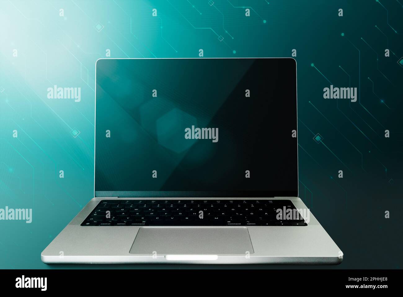 laptop with black screen and chip background and sun rays Stock Photo ...