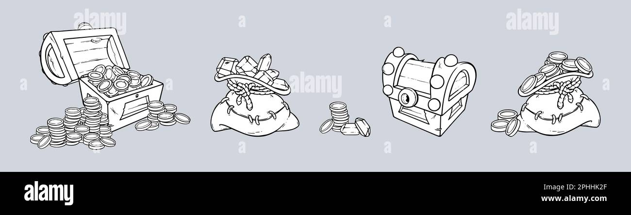 Treasure chest and bag. Chests with coins and gem stones, money bags ...