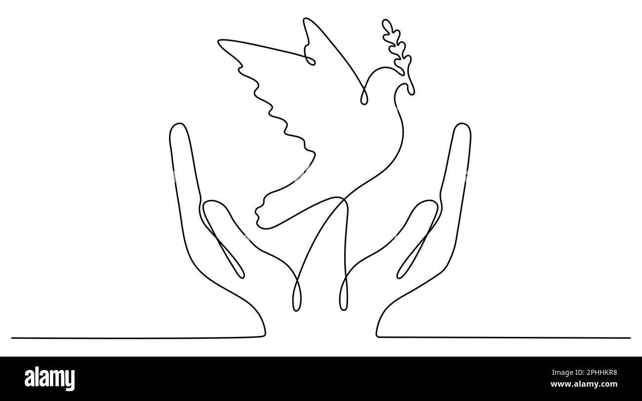 Continuous line drawing hand with flying dove with olive branch ...