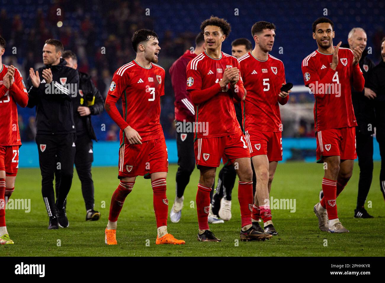 Cardiff, UK. 28/03/2023. Neco Williams & Ethan Ampadu of Wales ...