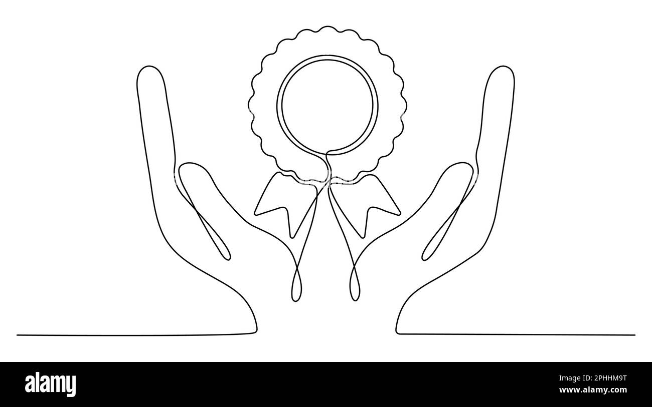 Hand holds award badge continuous one line drawing. Vector illustration ...