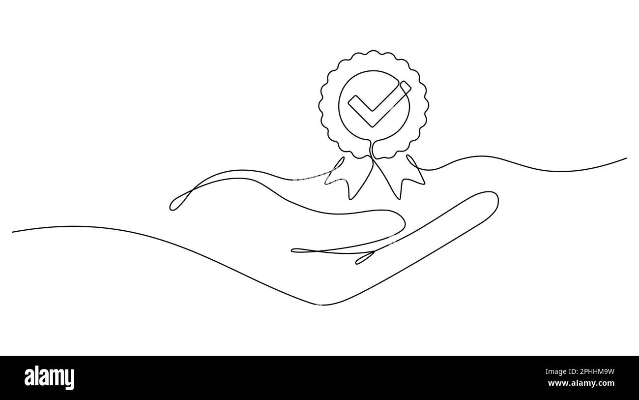Hands hold award badge continuous line drawing. Approval check sign ...