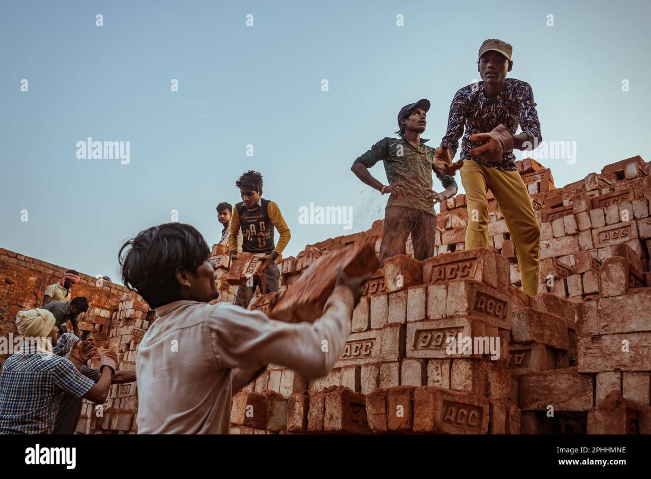 Workers unloading bricks at a brick kiln. In recent years, the number ...