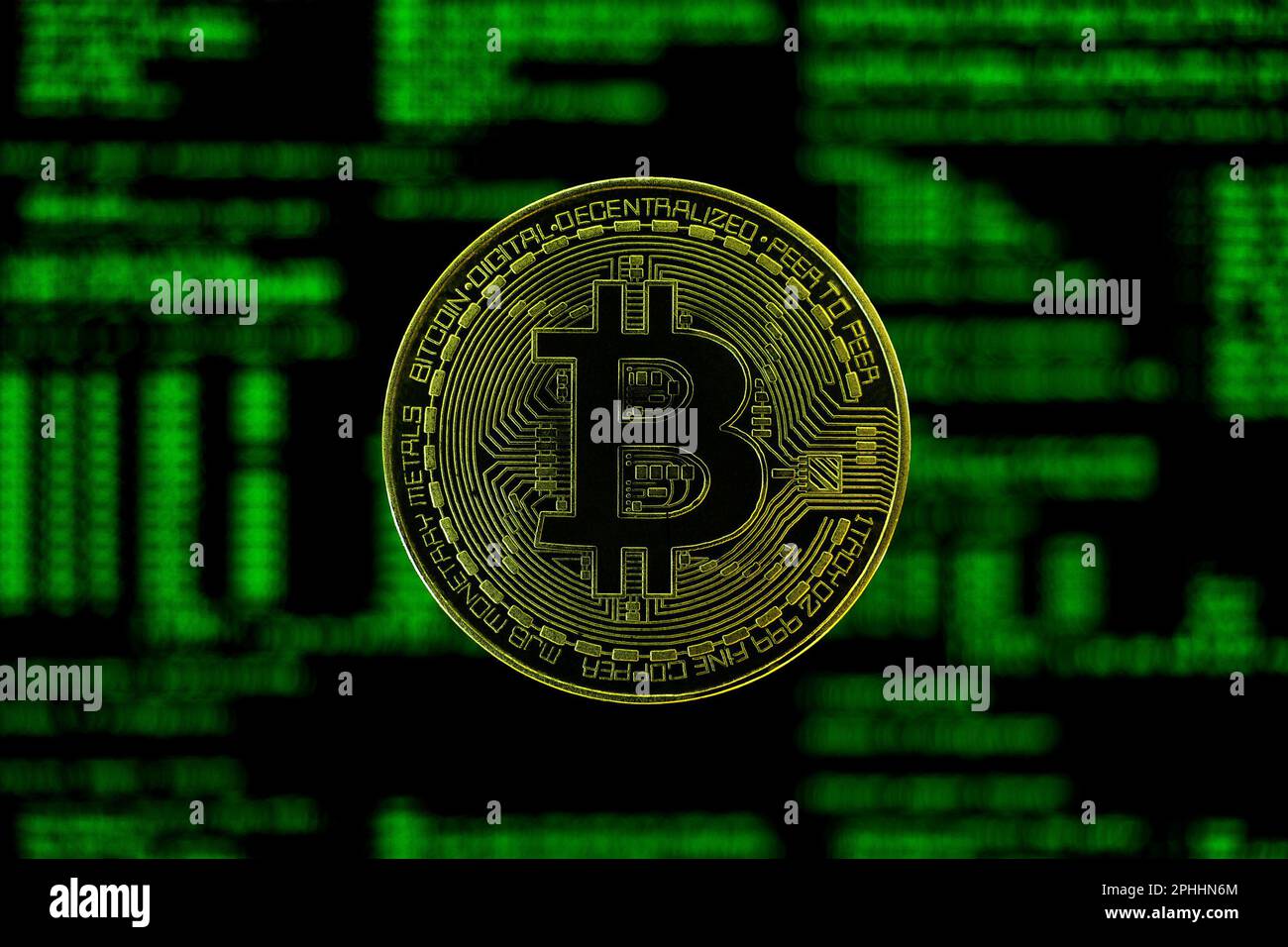 Bitcoin coin with computer code lines in the background; Black and green dark BTC coin wallpaper ...