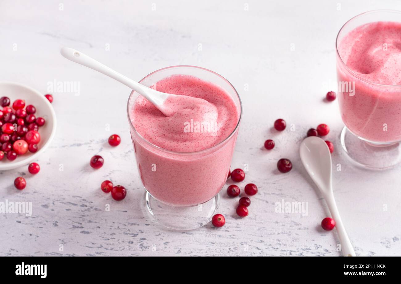 Vegan cranberry mousse with semolina and fresh cranberries Stock Photo ...