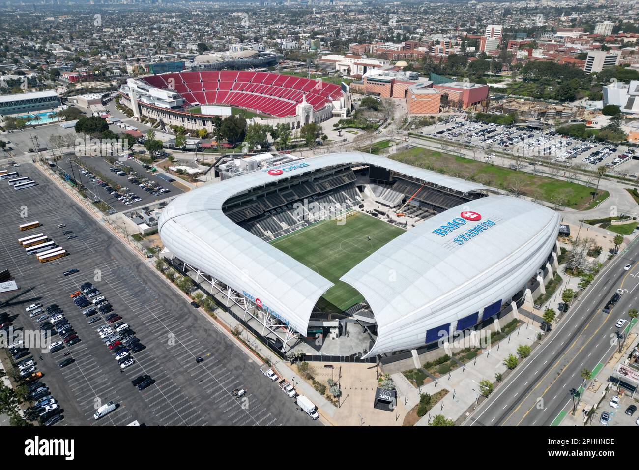 A general overall aerial view of BMO Stadium (foreground) and the Los ...