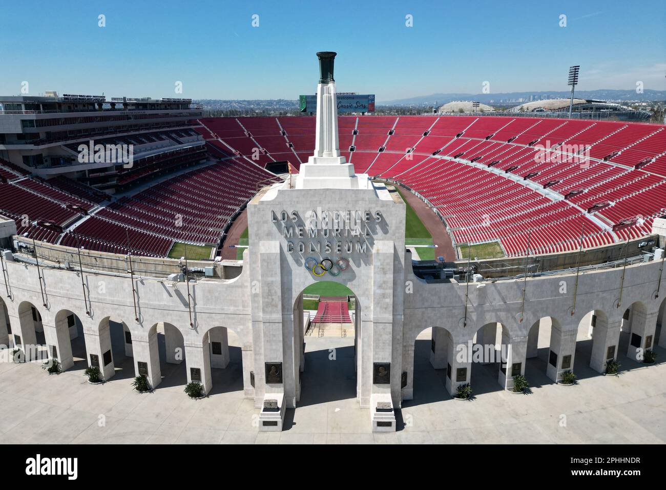 A general overall aerial view of the Los Angeles Memorial Coliseum ...