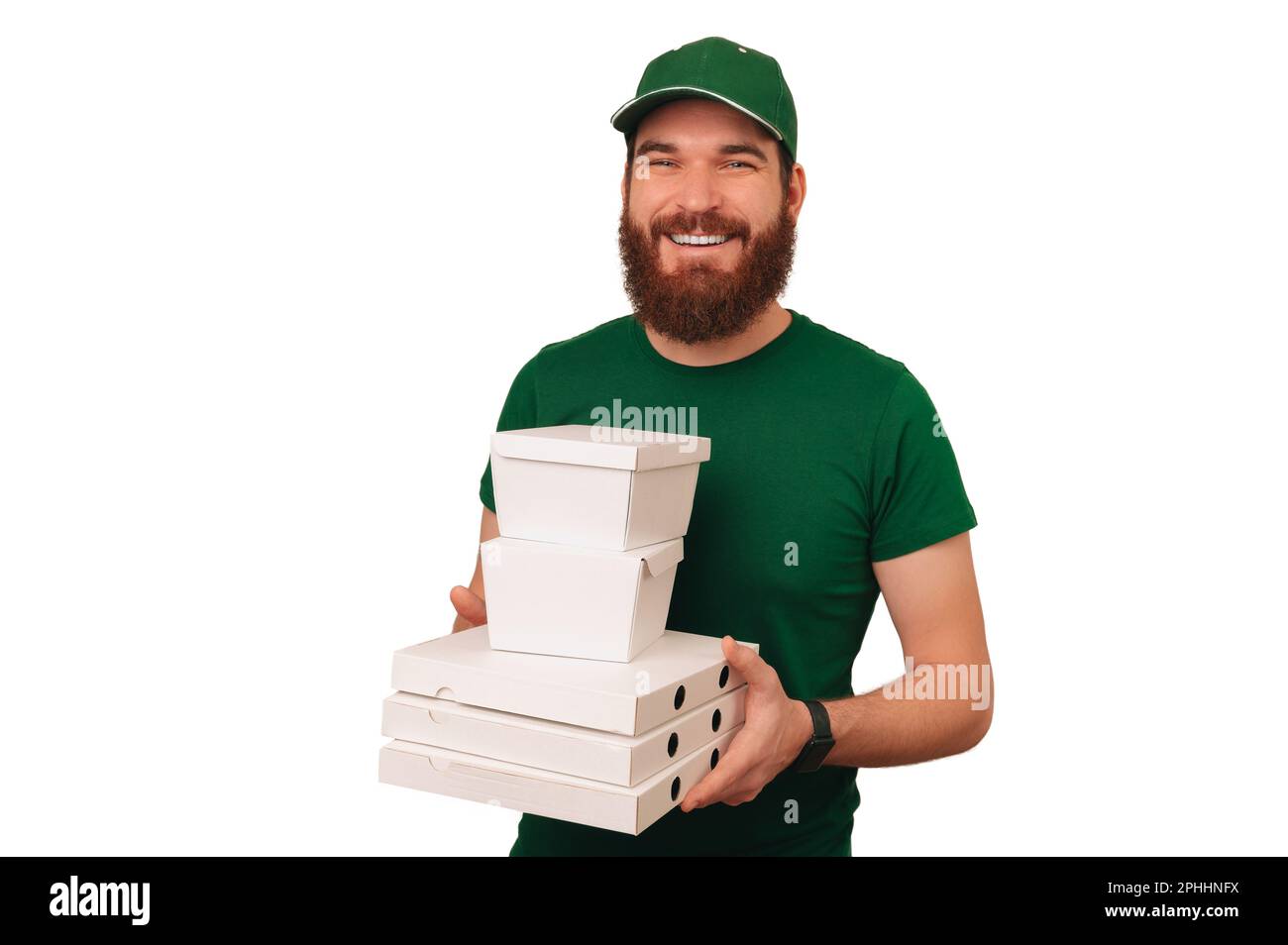Smiling delivery man wearing uniform is holding some lunch carton boxes ...