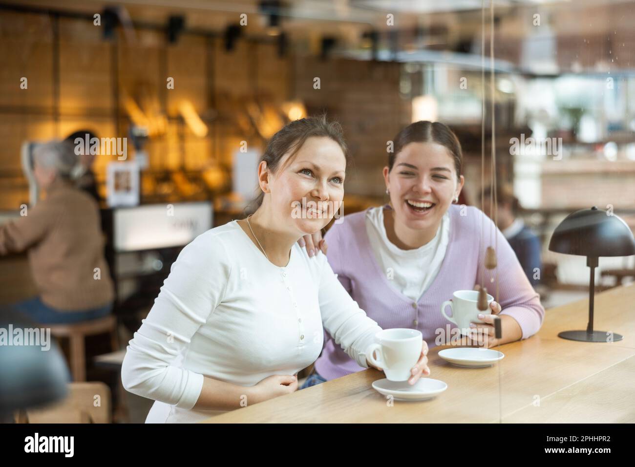 Two cheerful women chatting and drinking coffee at the bar counter of ...