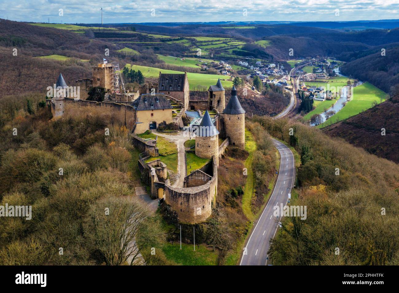 Aerial view of the medieval Bourscheid castle, the biggest castle in ...