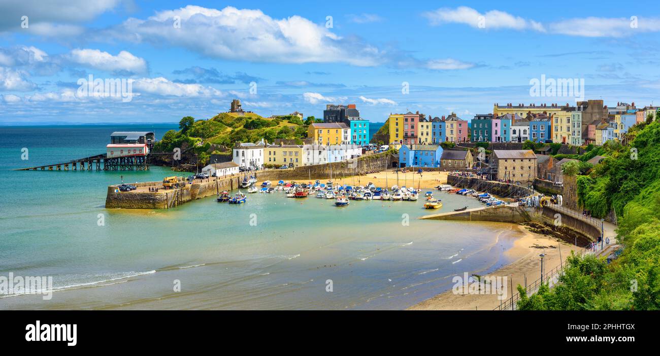 Panoramic view of colorful houses and harbor in historical Tenby Old ...