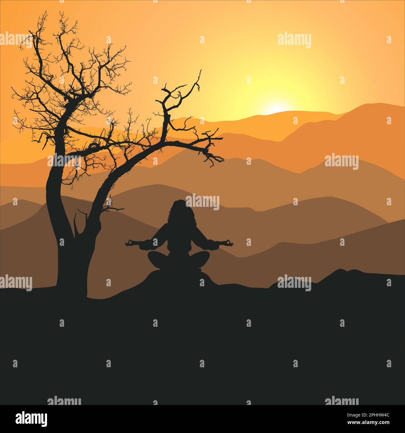 Meditation under the tree in the mountain Stock Vector Image & Art - Alamy