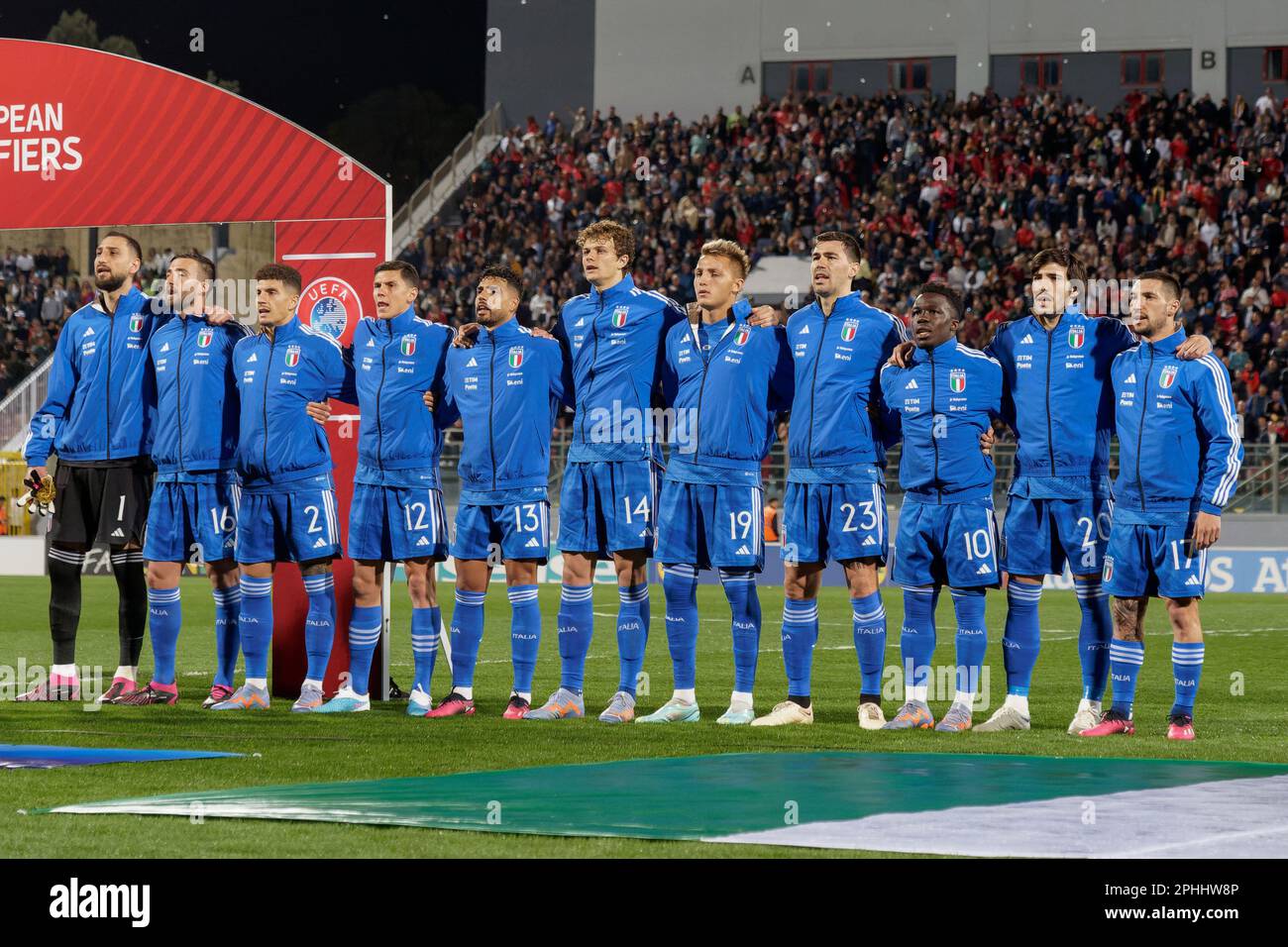 Players of Italy line up during the National Anthems during European ...