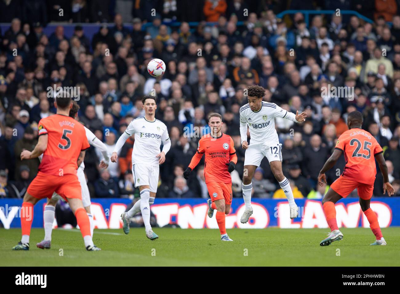 Tyler Adams of Leeds United wins a header during the Premier League ...