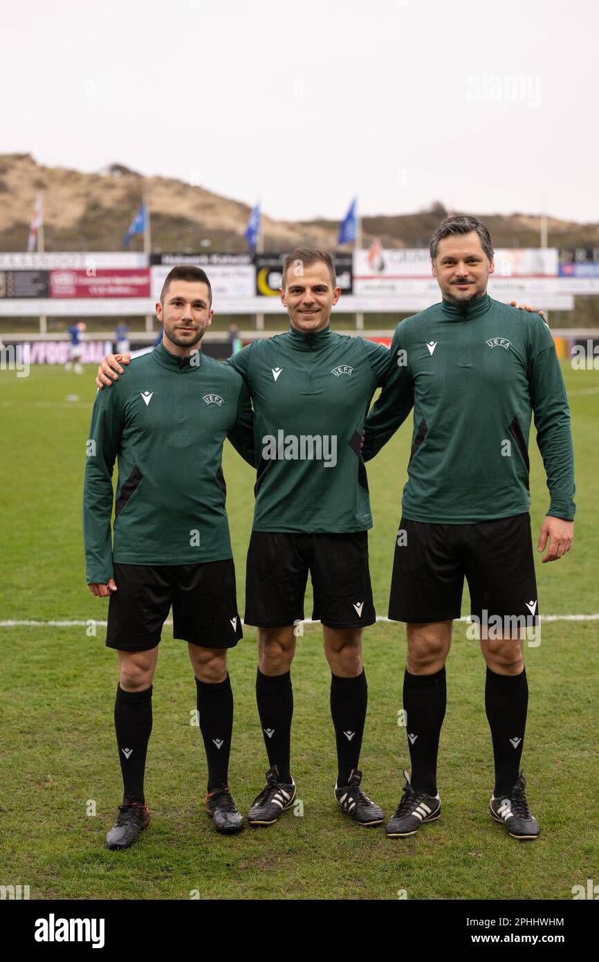 Katwijk, Netherlands. 28th Mar, 2023. KATWIJK, NETHERLANDS - MARCH 28: Referee Roman Jitari, Ass ...