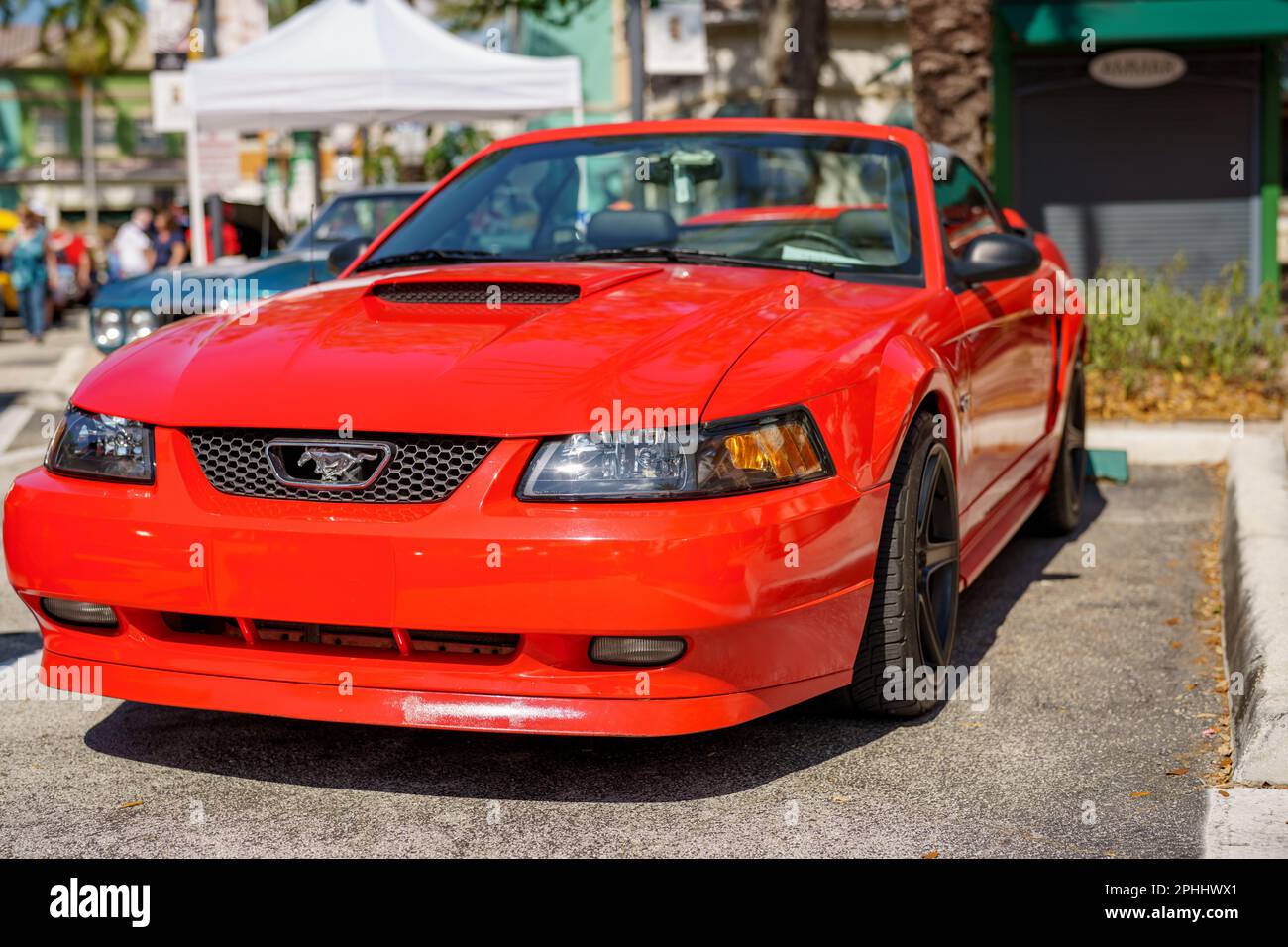 Weston, FL, USA - March 12, 2023: low front view of a red Ford Mustang ...