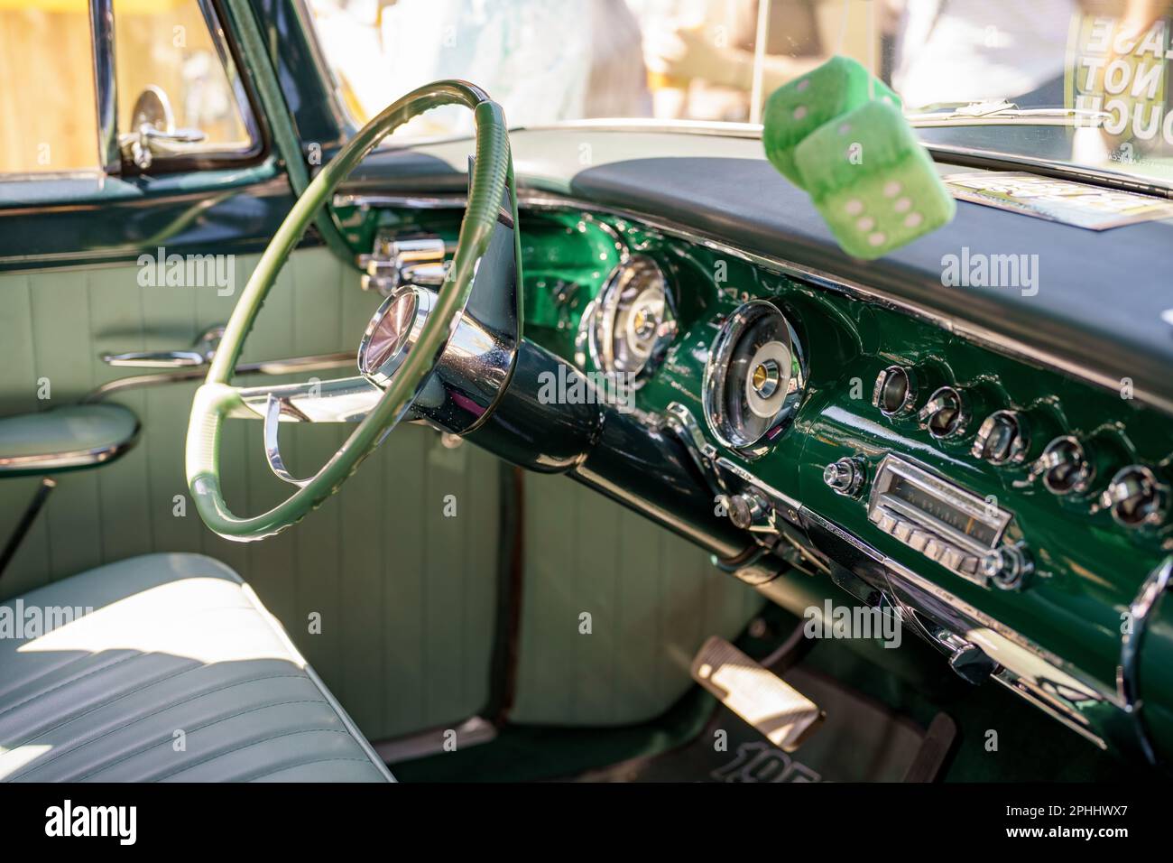 Interior view of a classic American car focus on steering wheel Stock ...