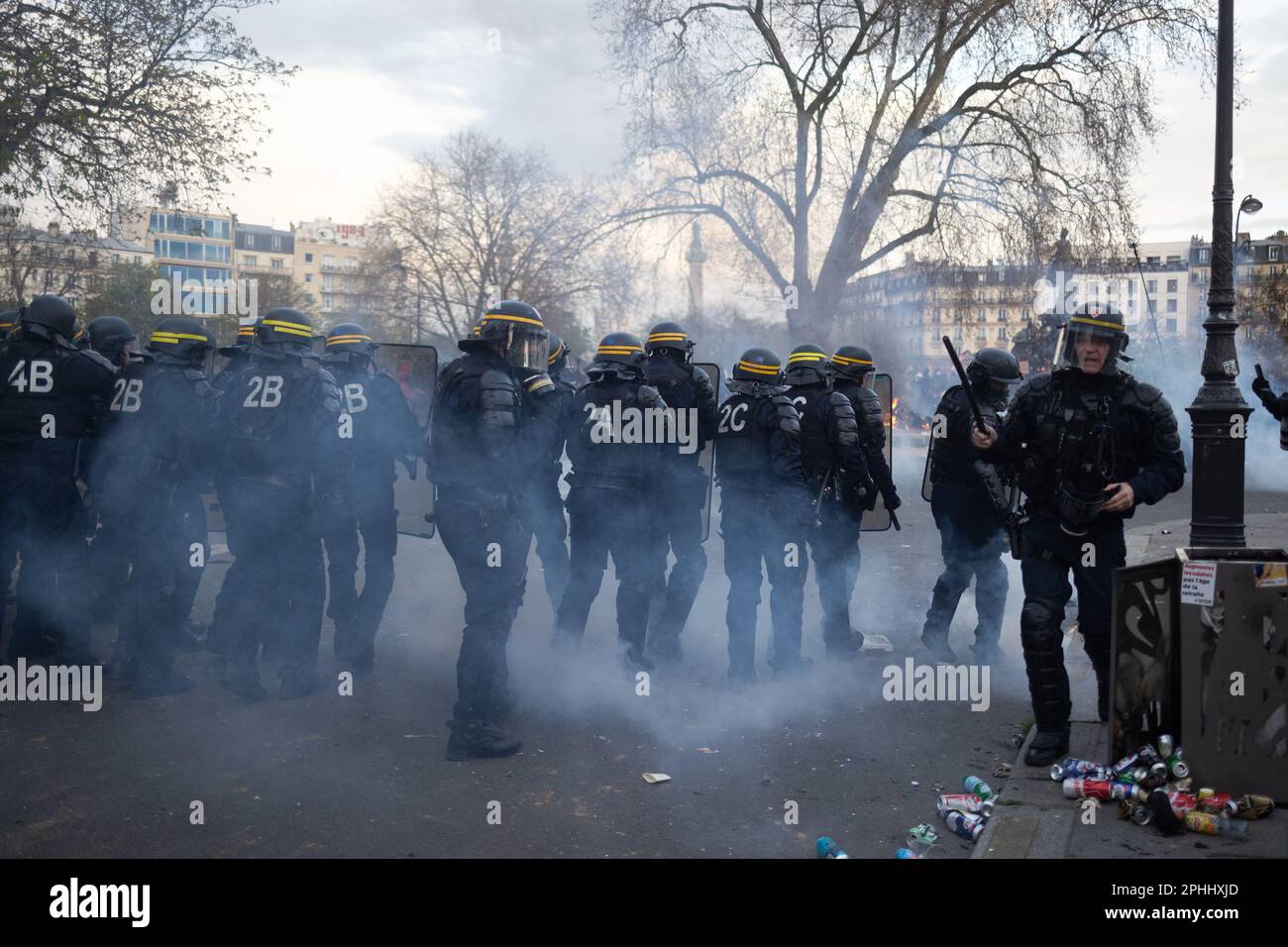 Paris, France, March 28, 2023. French riot police charge during a ...