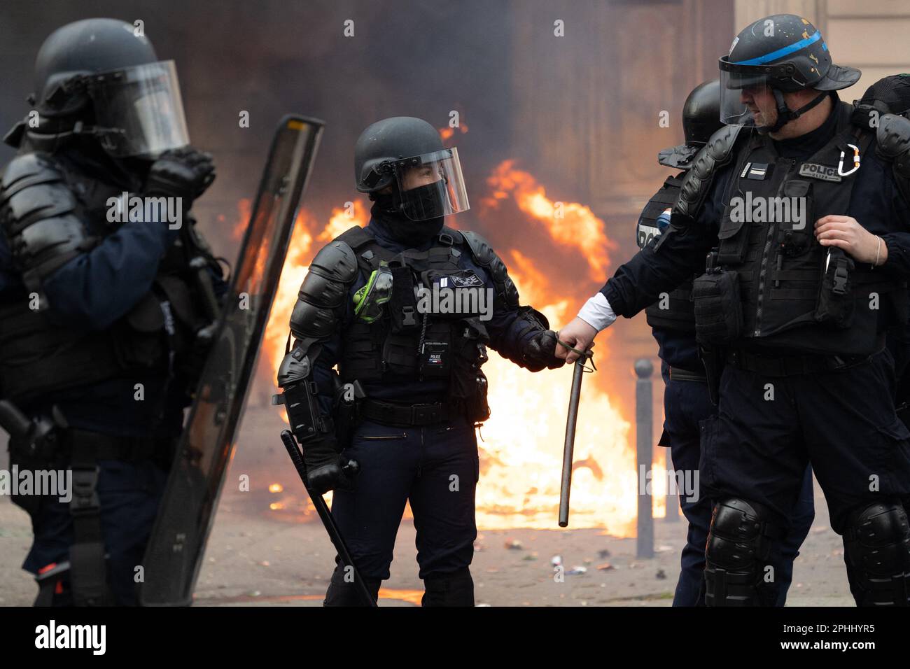 Paris, France, March 28, 2023. French riot police charge next to ...