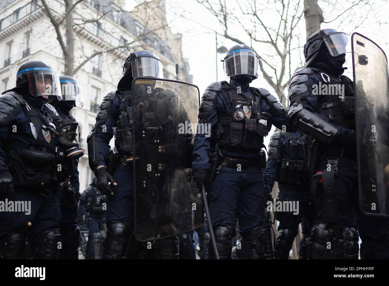 Paris, France, March 28, 2023. French riot police charge during a ...