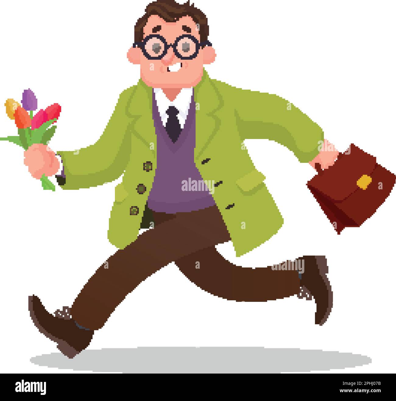 Man running with flowers to his date. Cartoon vector illustration ...