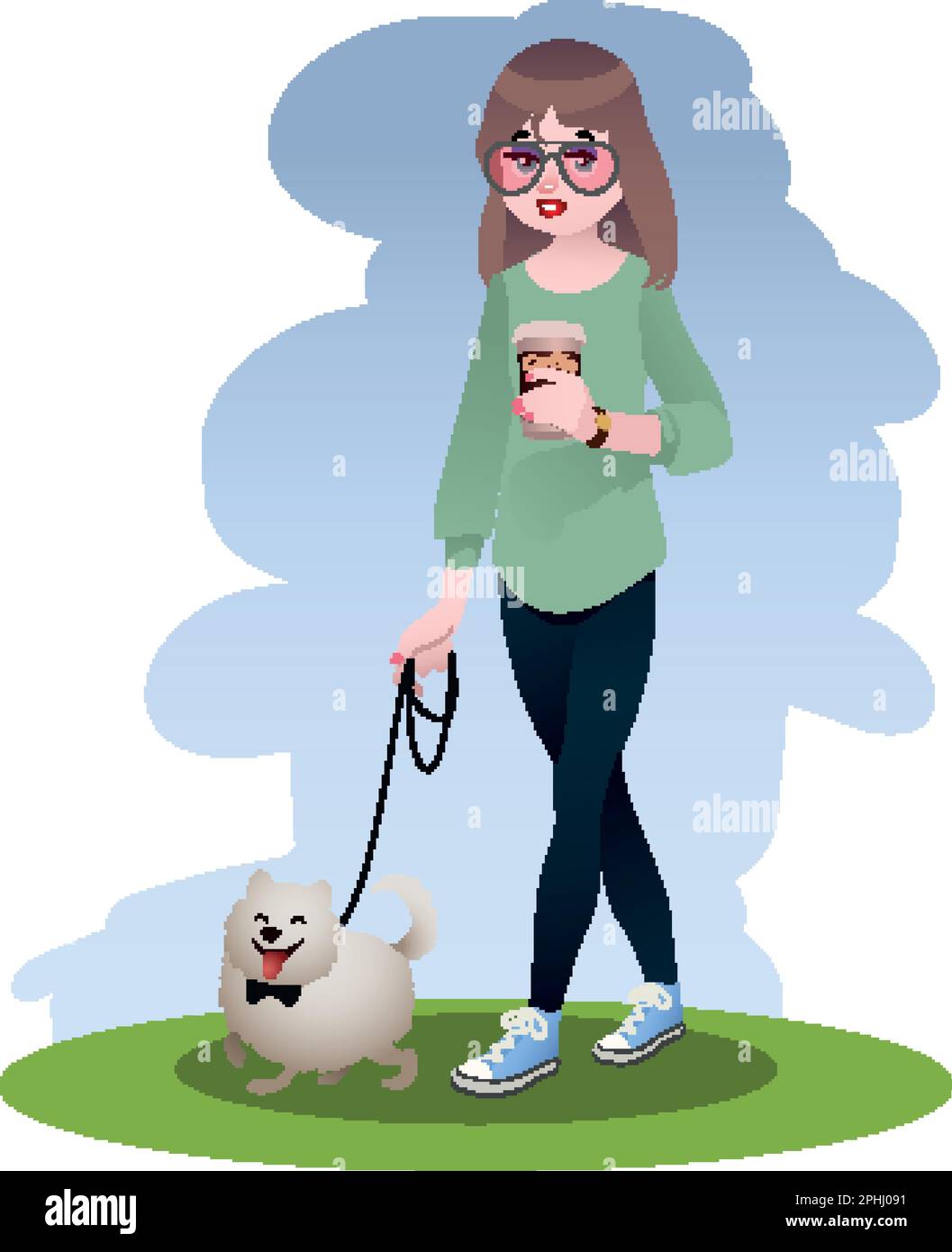 Stylish girl walking with her pet dog. Cartoon vector illustration ...