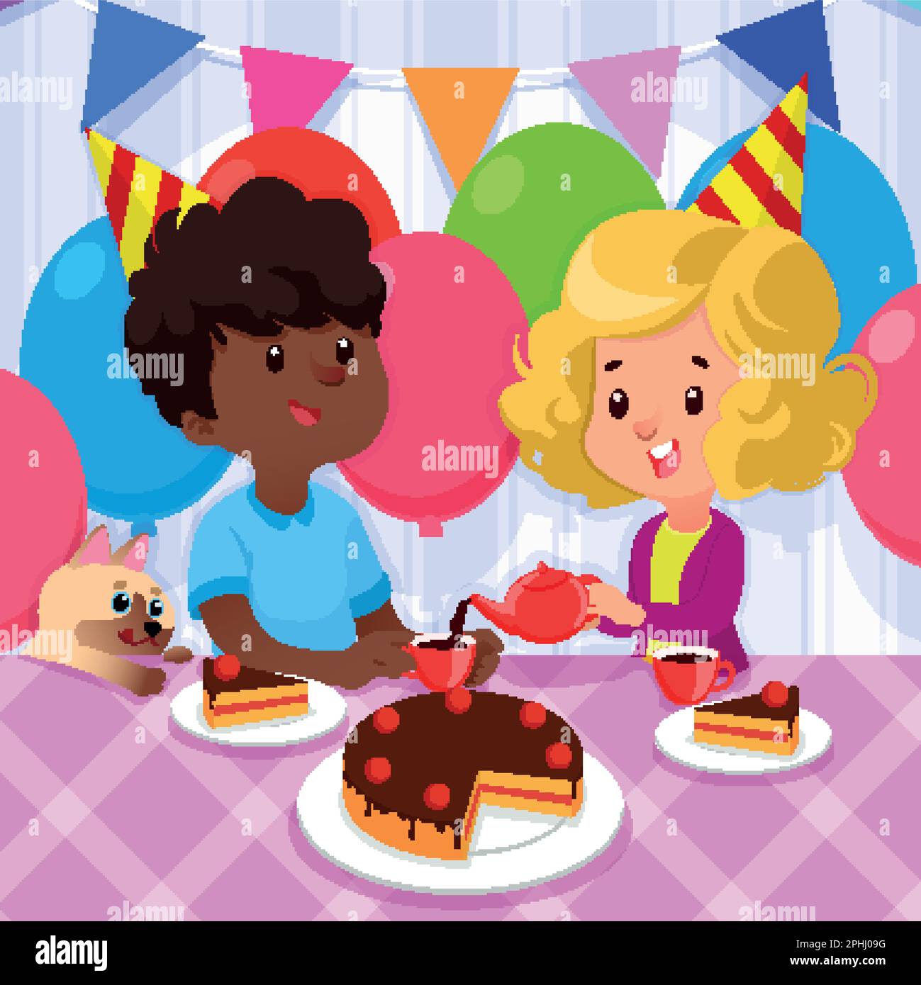 Birthday party with happy kids and cake on bright background Stock ...