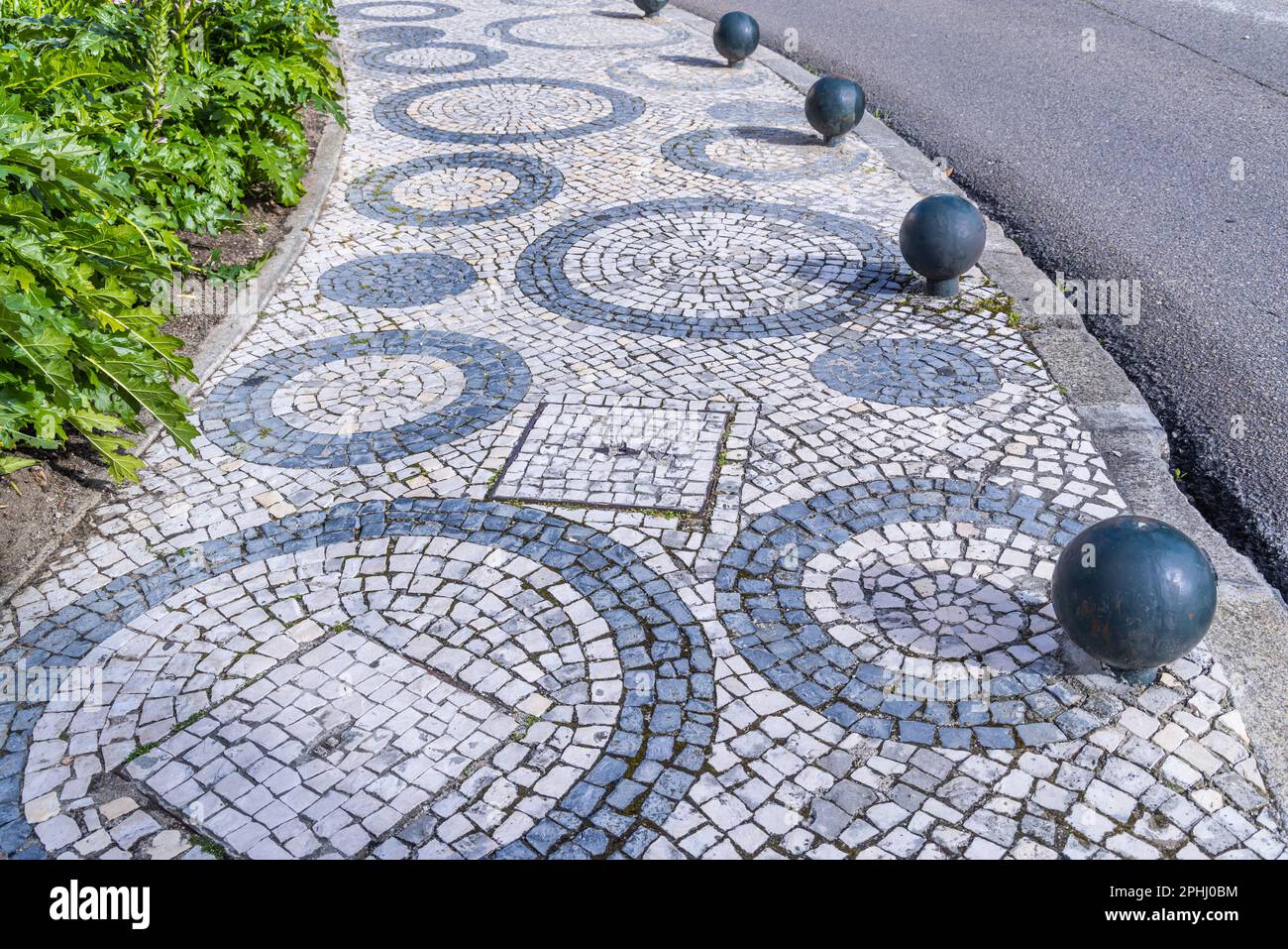 Europe, Portugal, Aveiro. Circles in a sidewalk made of black and white ...