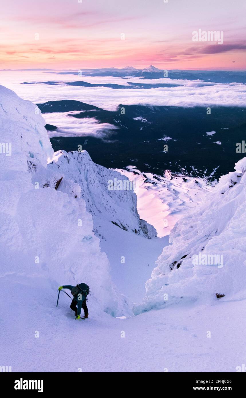 A Cimber Ascends The Pearly Gates of Mt Hood at Dawn with Mt Jefferson ...