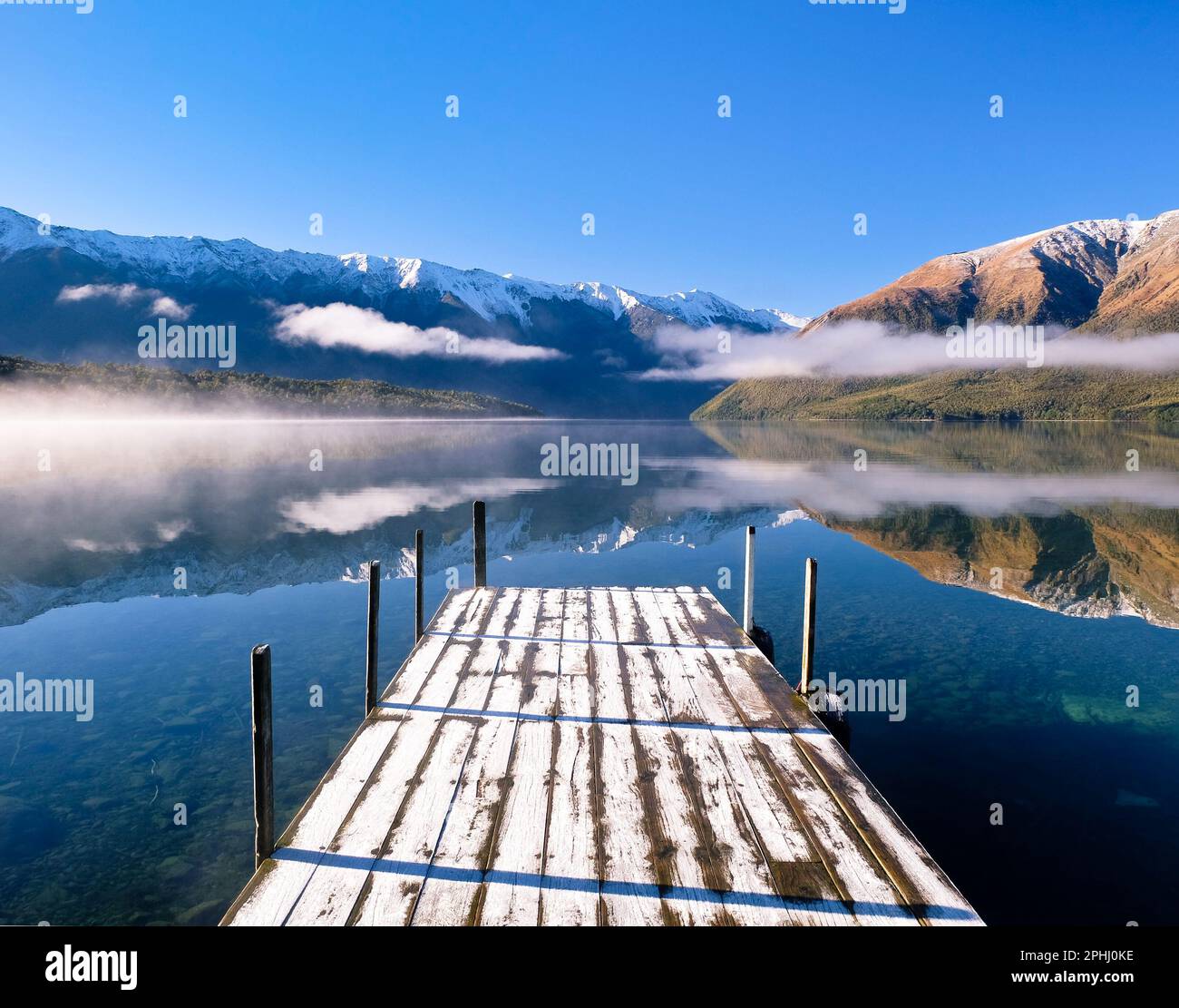 Dock and Mountains Reflected in Lake Rotoiti. Nelson Lakes National ...