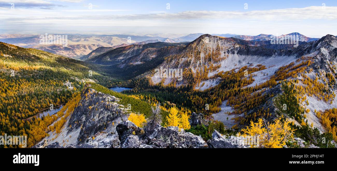 Sunset Illuminates Golden Larches, Mountain Summits, and an Alpine Lake ...