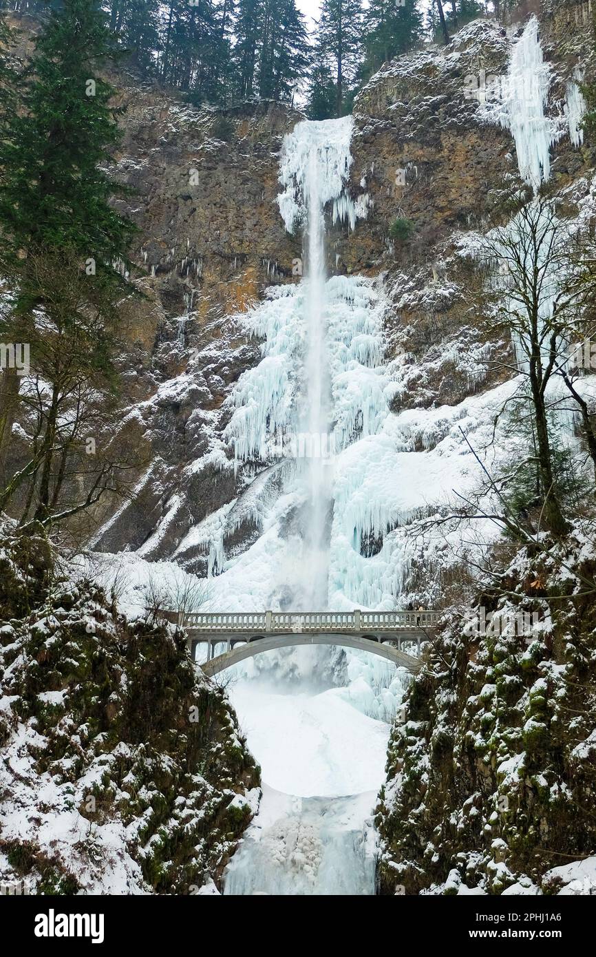 The Icy Cascades of Multnomah Falls in Winter. Portland, Oregon Stock ...