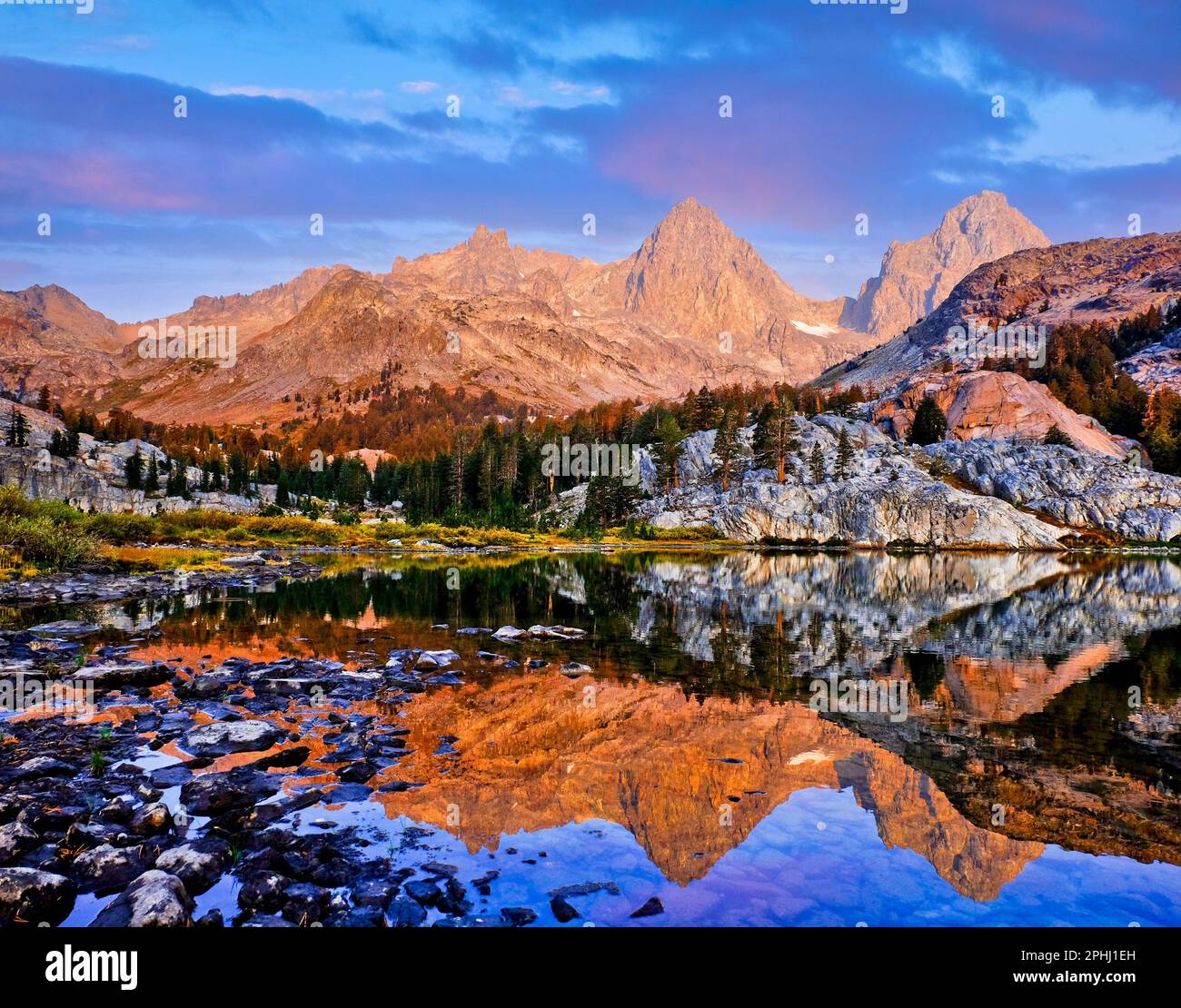 Mt. Ritter and Banner Peak Reflected in an Alpine Lake. Ediza Lake, The ...
