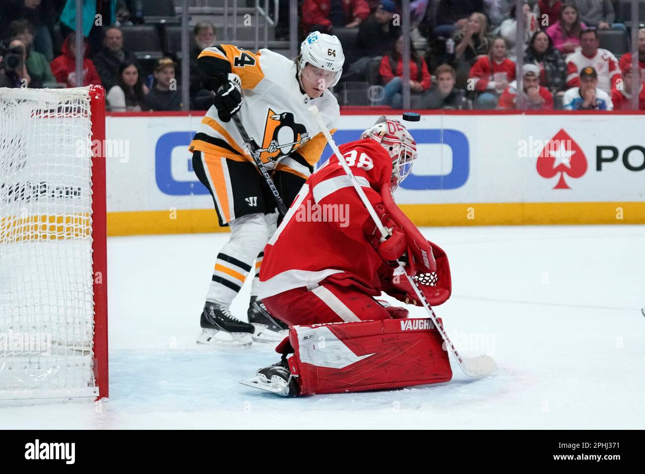 Detroit Red Wings goaltender Alex Nedeljkovic (39) stops a shot as ...