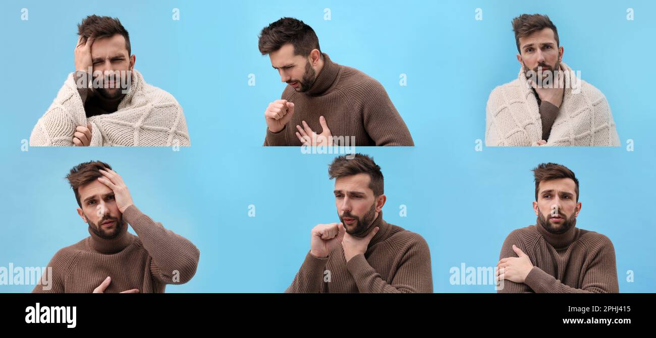 Collage with photos of man with cold symptoms on turquoise background ...