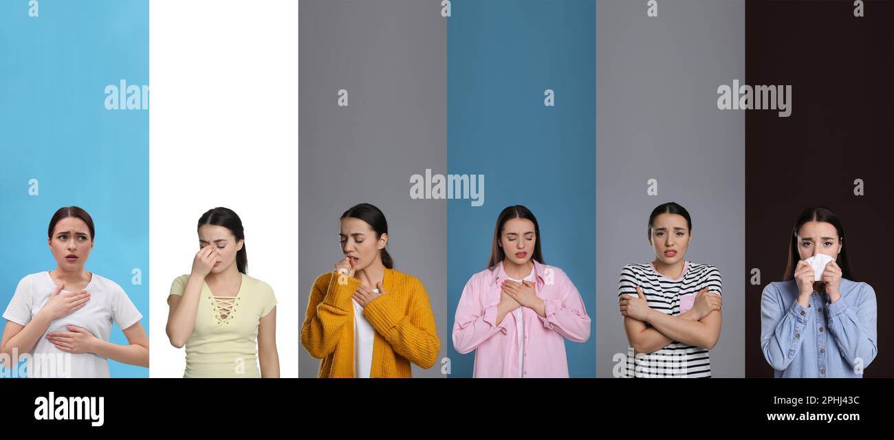 Collage with photos of women with cold symptoms on different color ...