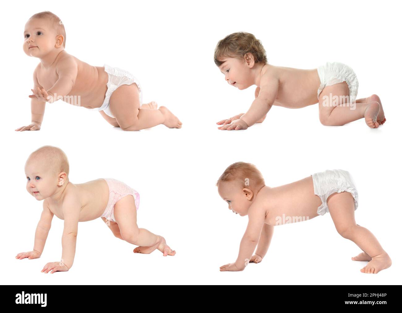 Collage with photos cute little babies crawling on white background ...